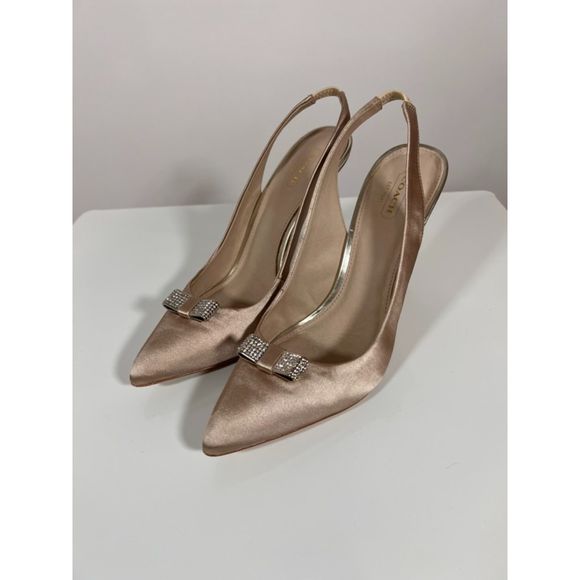 Coach | Shoes | Coach Tan Satin Pointed Toe Slingback Heels With Silver ...